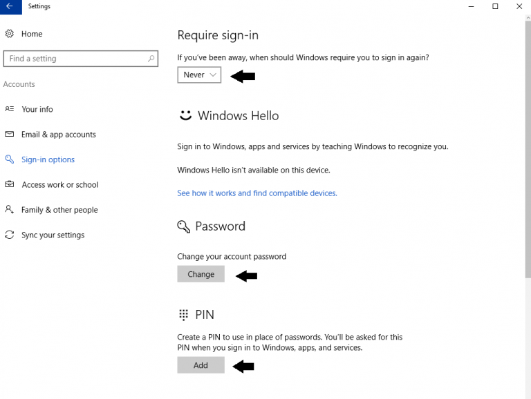 Changing Windows 10 Sign On Options
